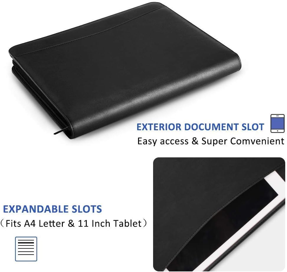 OOWOLF Padfolio Portfolio Folder, PU Leather Professional with Round Ring Binder 8.5 x 11 Inch Writing Pad Tablet Sleeve Interview Resume Document Organizer Business Card Holder Zippered Closure