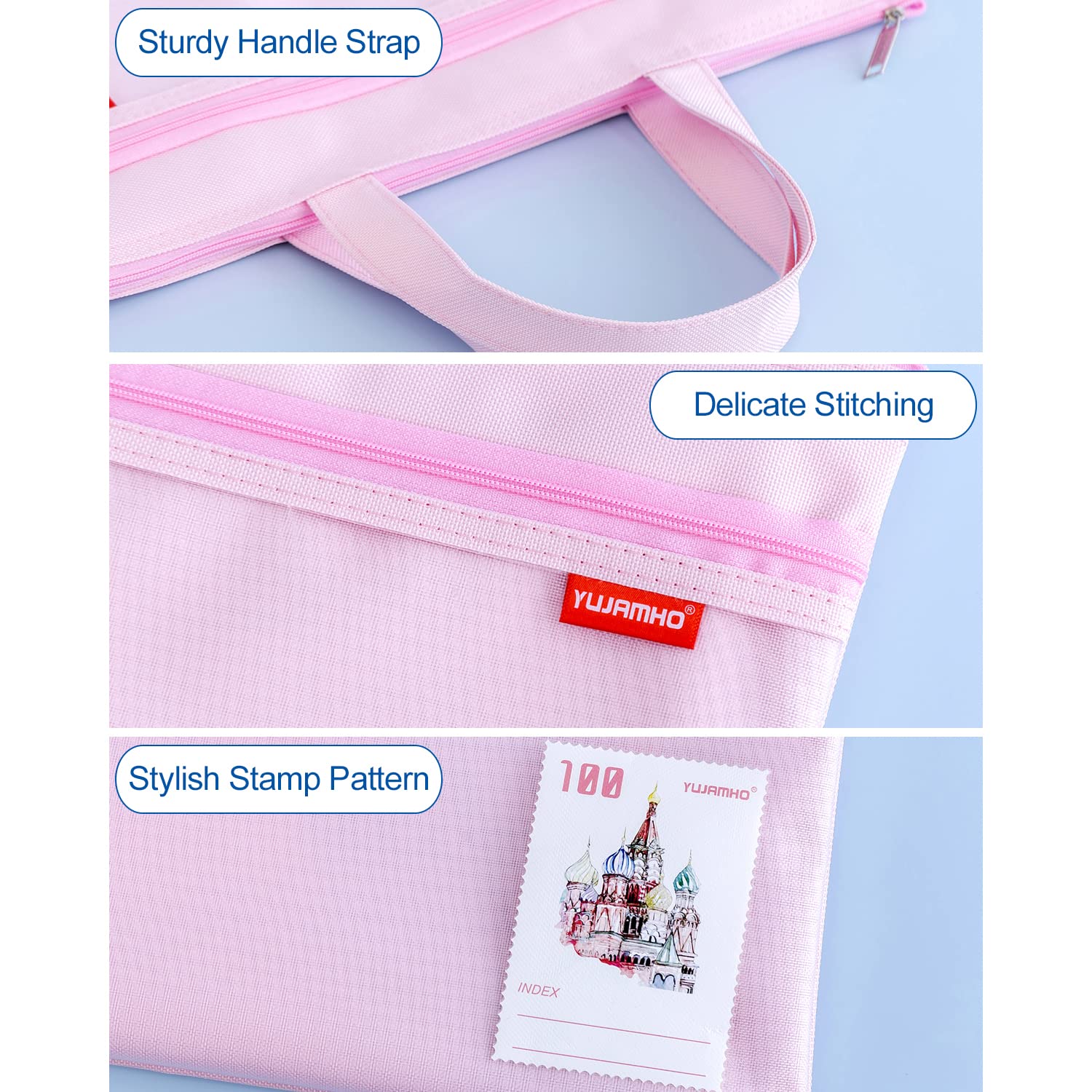 pendancy Mesh Zipper Pouch 11x13.7 in, Large Double Pocket Waterproof File Bag with Handle, A4 Size Foldable Document Storage for Puzzle Project/Cross Stitch/Travel/Office(Pink)