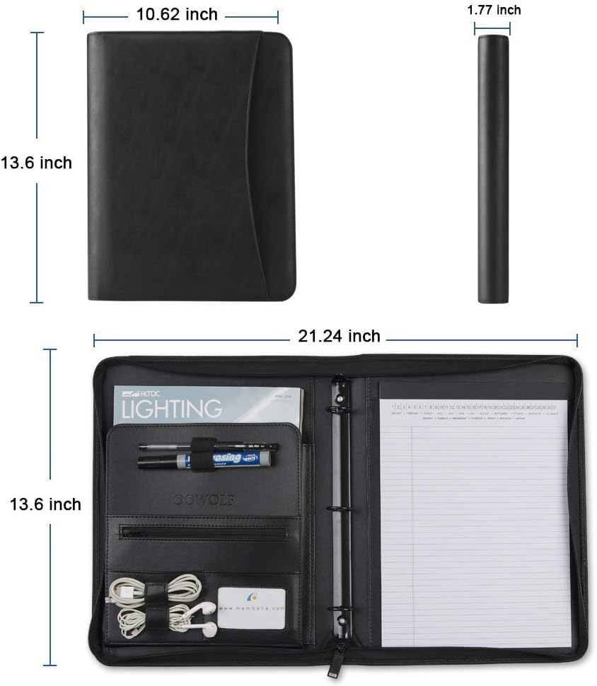 OOWOLF Padfolio Portfolio Folder, PU Leather Professional with Round Ring Binder 8.5 x 11 Inch Writing Pad Tablet Sleeve Interview Resume Document Organizer Business Card Holder Zippered Closure