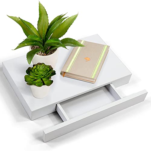 Floating Shelf with Drawer, Floating Nightstand for Bedroom 16â Wall Shelf, White Floating Shelf with Storage, Floating Shelf for Office Bathroom Floating Bedside Table (White Wood)