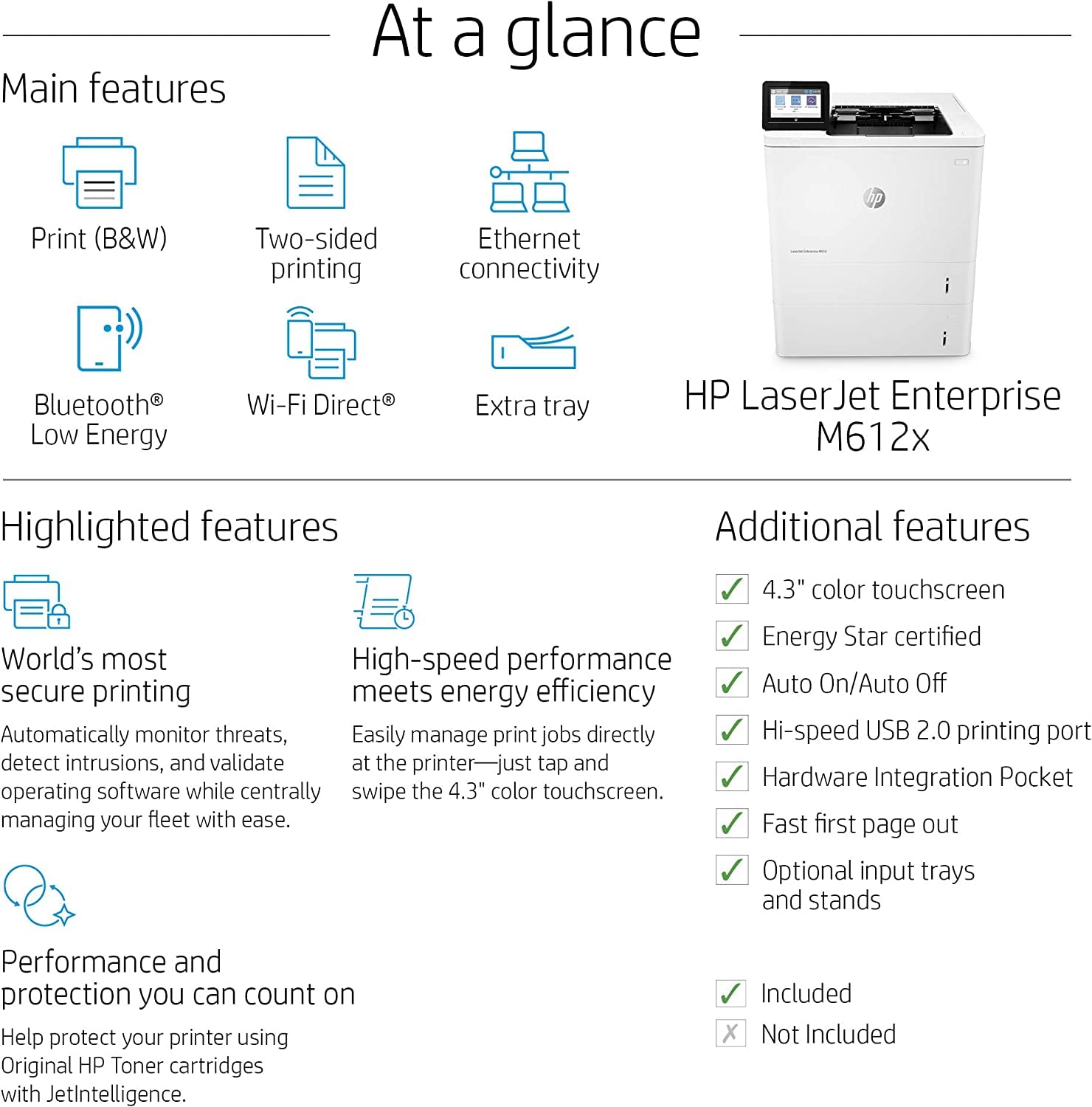 HP Laserjet Enterprise M612x Single-Function Wireless Monochrome Laser Printer, White - Print only - 4.3" Touchscreen, 75 ppm, 1200 x 1200 dpi, Auto Duplex Printing, Ethernet - Cbmou External Webcam