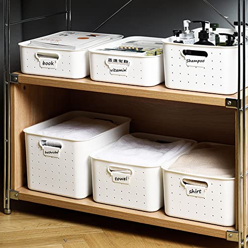 vacane Plastic Storage Bins with Lids Set of 3, Stackable Organizer Lidded Basket with Writable Label for Organizing, Sturdy Containers for Shelves Pantry Office School/S+M+L/White