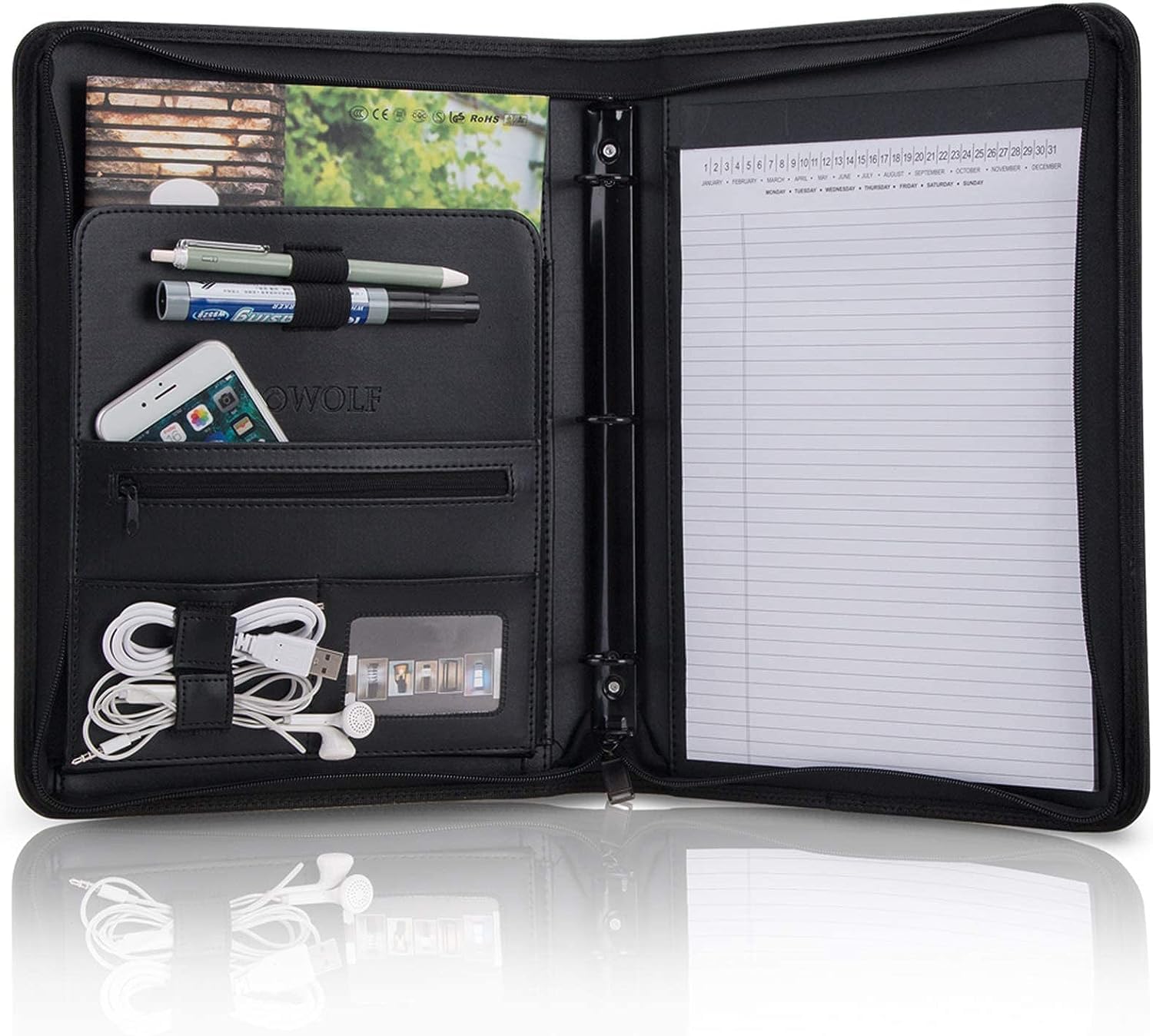 OOWOLF Padfolio Portfolio Folder, PU Leather Professional with Round Ring Binder 8.5 x 11 Inch Writing Pad Tablet Sleeve Interview Resume Document Organizer Business Card Holder Zippered Closure