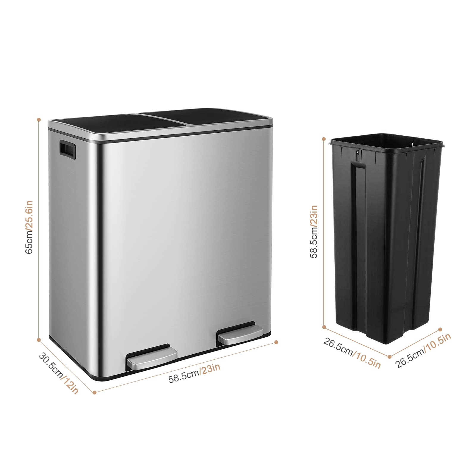 finetones Dual Step Trash Can, 16 Gallon (2×30L) Stainless Steel Garbage Can with 2 Soft-Close Lid and 2 Removable Inner Wastebasket, Bin Body with Handle for Kitchen, Home Office, Silver