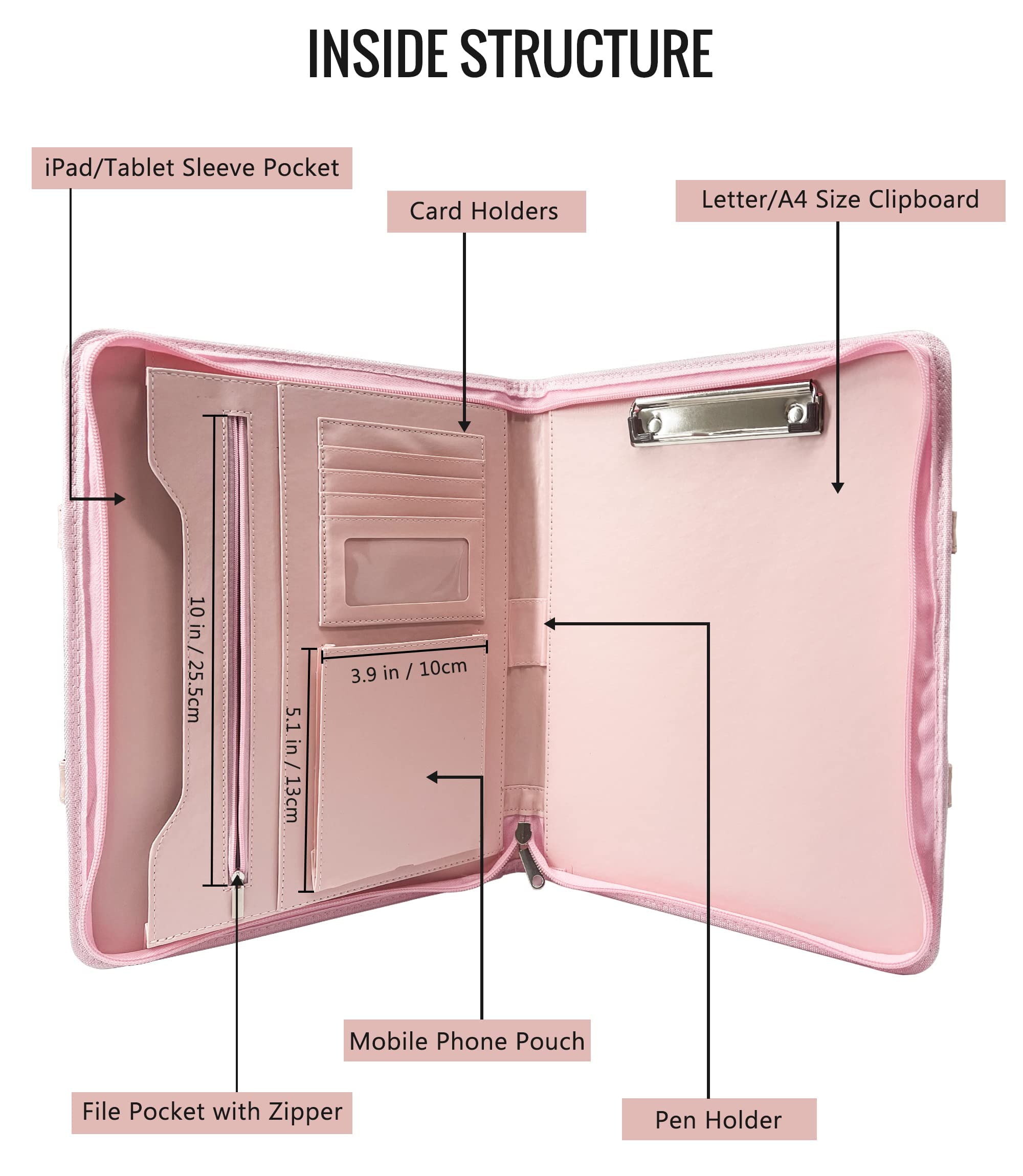 GraduatePro Portfolio Binder Leather Zippered Padfolio Folder Business Case Organizer Bag for Pad Notebook Resume with Clipboard for Women Graduation Gift, Pink