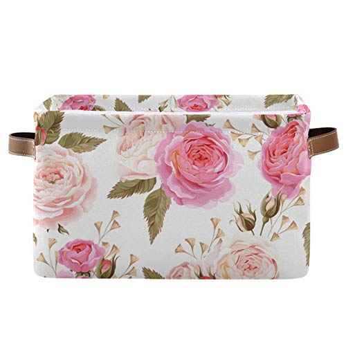 susiyo Large Foldable Storage Bin, Floral Pink Roses Fabric Storage Baskets Collapsible Decorative Baskets Organizing Basket Bin with PU Handles for Shelves Home Closet Bedroom Living Room-2Pack