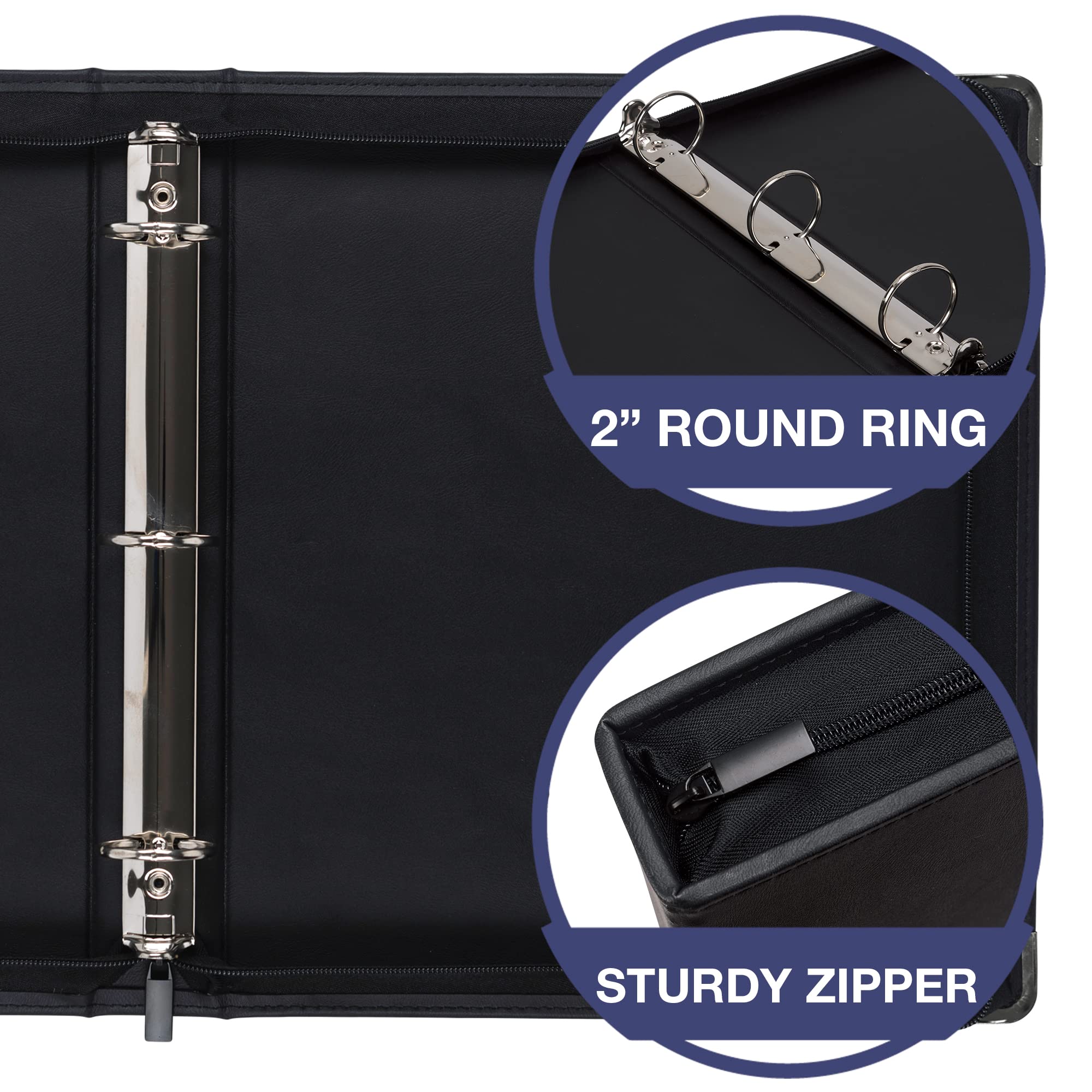 Samsill Classic Professional 3 Ring Zippered Binder, 2 Inch Round Ring, Portfolio Organizer for 8.5x11” Documents, Binder with Zipper, Silver Corner Accents, Black
