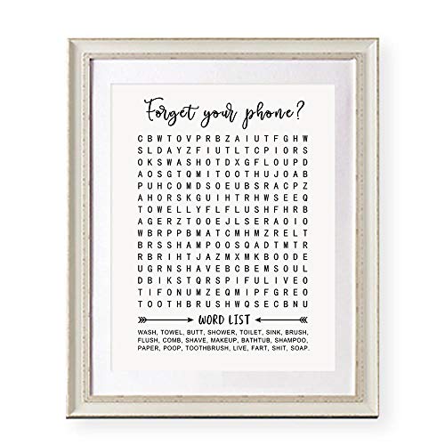 Bathroom Word Search, Forget Your Phone, Word Search Puzzle, Bathroom Wall Art, Bathroom Sign, 8x10 Inch Unframed
