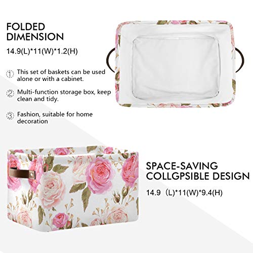 susiyo Large Foldable Storage Bin, Floral Pink Roses Fabric Storage Baskets Collapsible Decorative Baskets Organizing Basket Bin with PU Handles for Shelves Home Closet Bedroom Living Room-2Pack