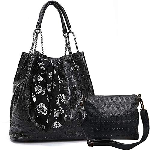 BelonYou Women's 2Pcs kull Purses and Handbag Punk Gothic Hobo Tote Shoulder Bag PU Leathe Black Crossbody Bag Satchels