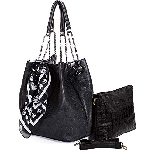 BelonYou Women's 2Pcs kull Purses and Handbag Punk Gothic Hobo Tote Shoulder Bag PU Leathe Black Crossbody Bag Satchels