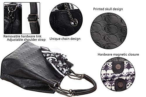 BelonYou Women's 2Pcs kull Purses and Handbag Punk Gothic Hobo Tote Shoulder Bag PU Leathe Black Crossbody Bag Satchels