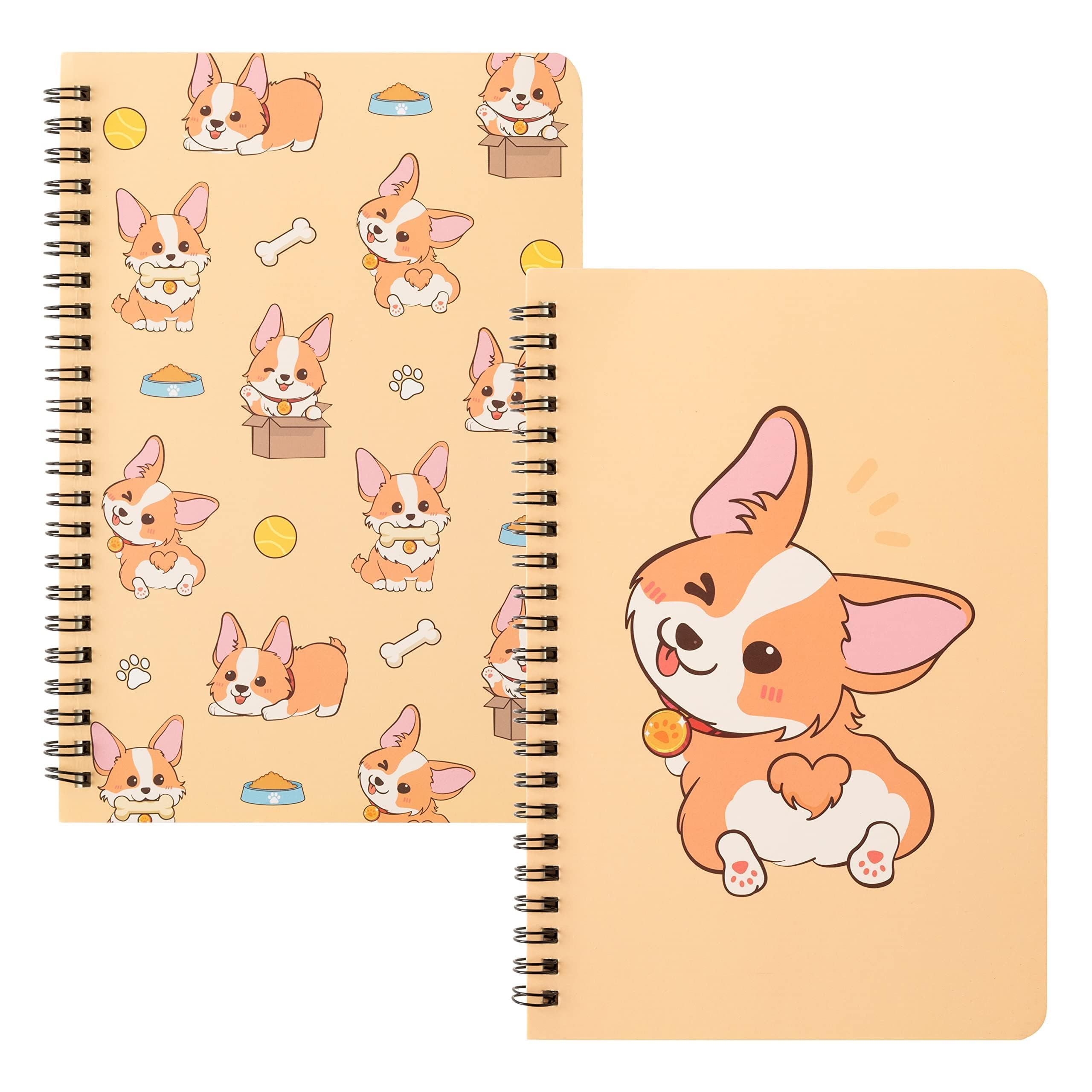 L1rabe 2 A5 Corgi Spiral Notebooks Spring Back to School Cute Yellow Funny Corgi College Ruled Notebook Hardcover Spiral Travel Drawing Journal Notepad Diary for Kids Teens Easter Birthday Gifts