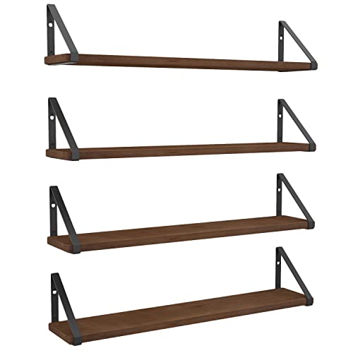 Wallniture Ponza Floating Shelves for Wall, 24" Rustic Wood Wall Shelves for Bedroom Decor, Living Room Book Shelves, Kitchen Organization Walnut Set of 4