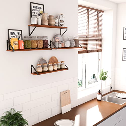 Wallniture Ponza Floating Shelves for Wall, 24" Rustic Wood Wall Shelves for Bedroom Decor, Living Room Book Shelves, Kitchen Organization Walnut Set of 4