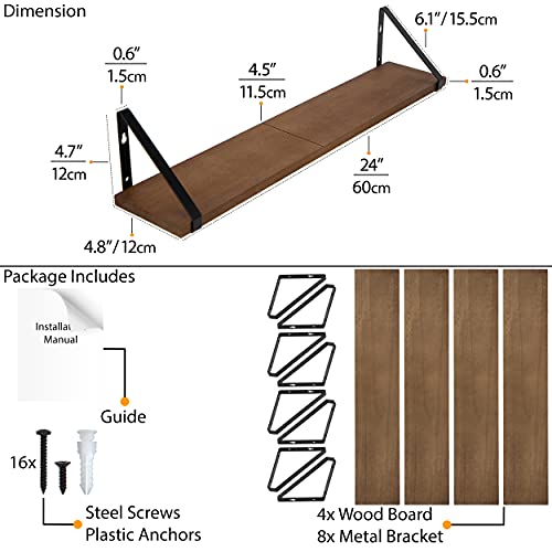 Wallniture Ponza Floating Shelves for Wall, 24" Rustic Wood Wall Shelves for Bedroom Decor, Living Room Book Shelves, Kitchen Organization Walnut Set of 4