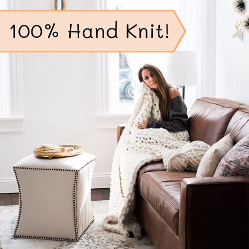 Adyrescia Chunky Knit Blanket Throw | 100% Hand Knit with Jumbo Chenille Yarn (50"x60", Cream White)
