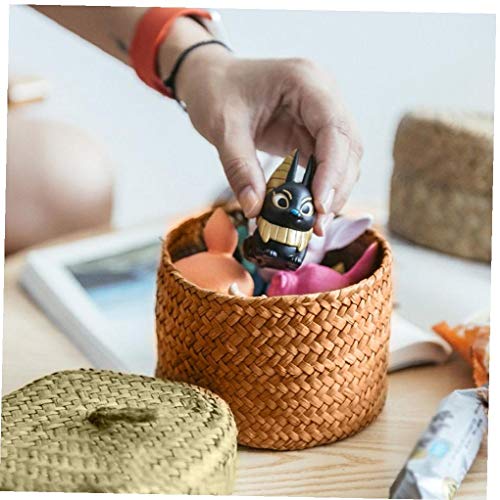 tJexePYK Mini Wicker Storage Baskets with Lid Natural Round Desktop Storage Basket Japanese Style Small Spun Wicker Basket Box