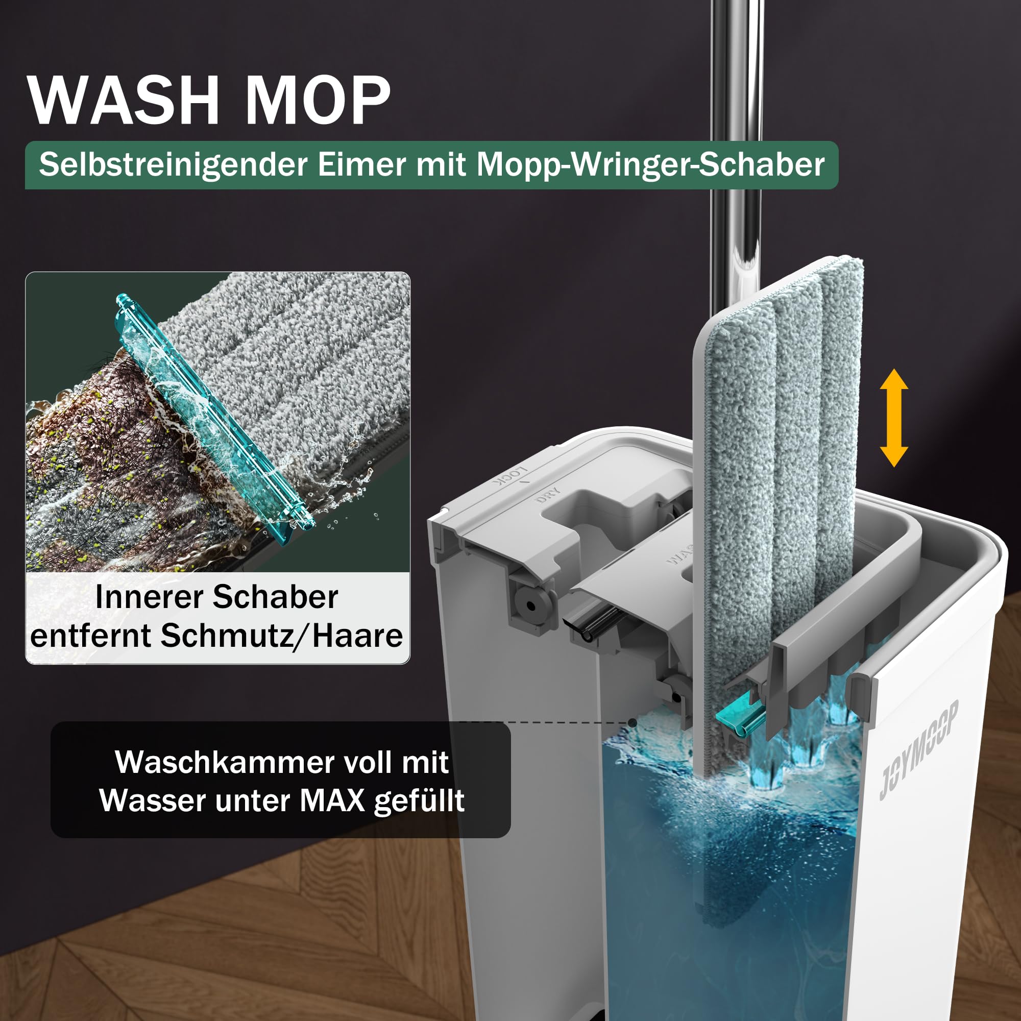 JOYMOOP Mop and Bucket with Wringer Set, Flat Floor Mop and Bucket, Mop for Floor Cleaning with 5 Microfiber Pads, Wet and Dry Use, Household Cleaning Tools, for Hardwood, Laminate, Tile