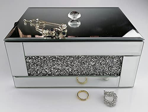 BANQLE Jewelry Box Watch Box Mirrored Makeup Organizer for Dresser Crystal Vanity Box Silver Bling Crushed Diamond