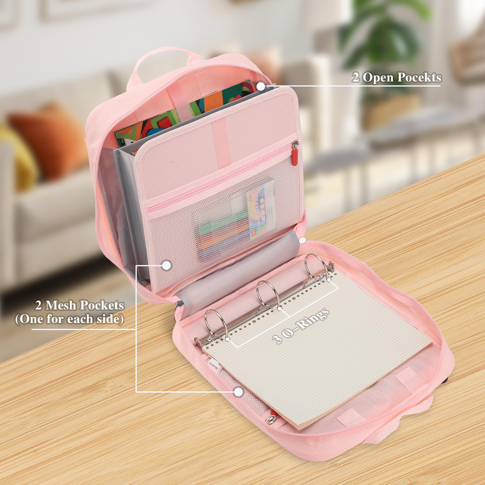GXaryFulin Zipper Binder with Shoulder Strap & Handle, 3 O-Ring Binder for Office & School Supplies, Pink