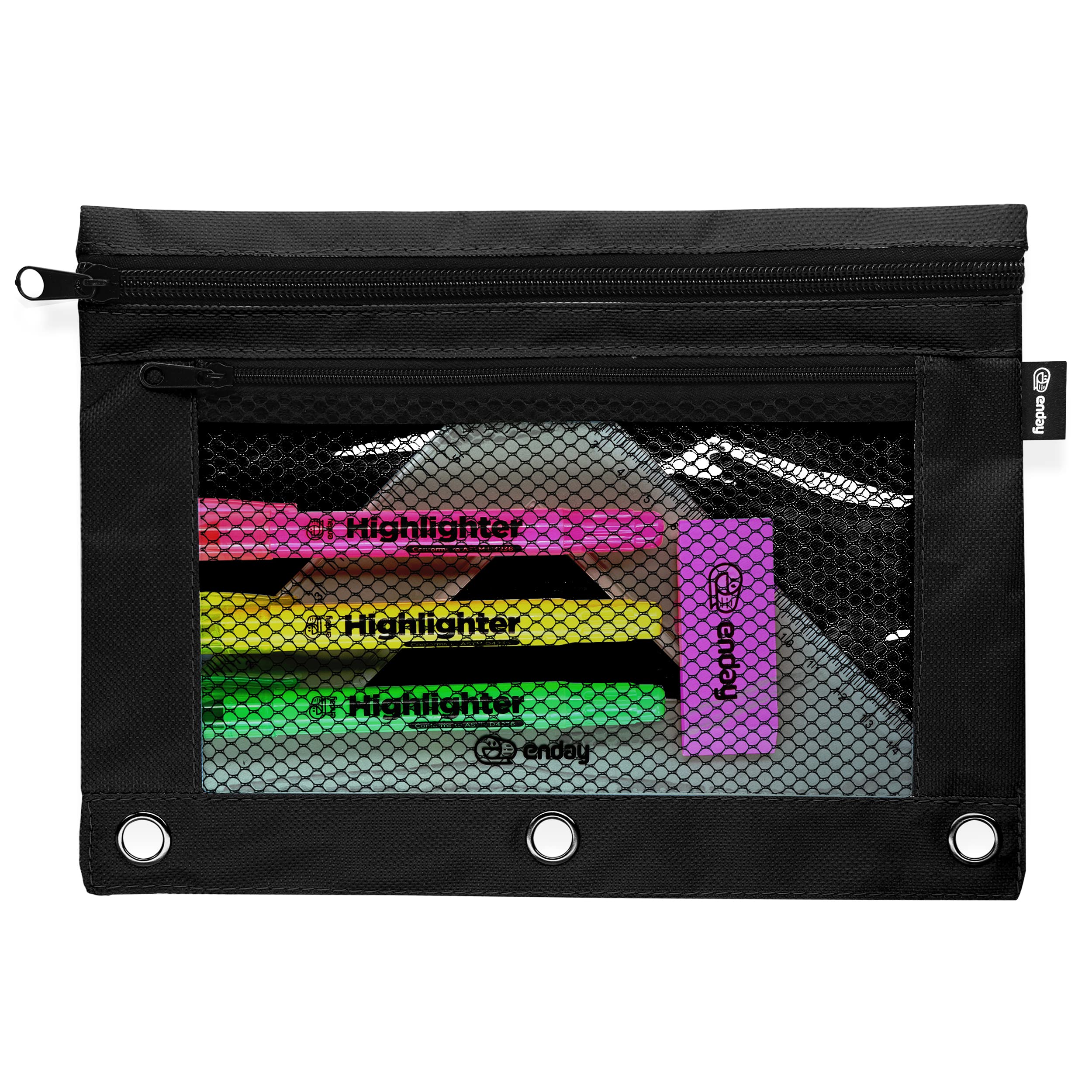 Enday Large Pencil Pouch for 3 Ring Binder Black, Mesh Zipper Pencil Case, Pen Bag/Pen Case, Small Cosmetic bag, Storage Container, Also Available in Pink, Purple, Green, Blue, Red, Grey, 1 Pc