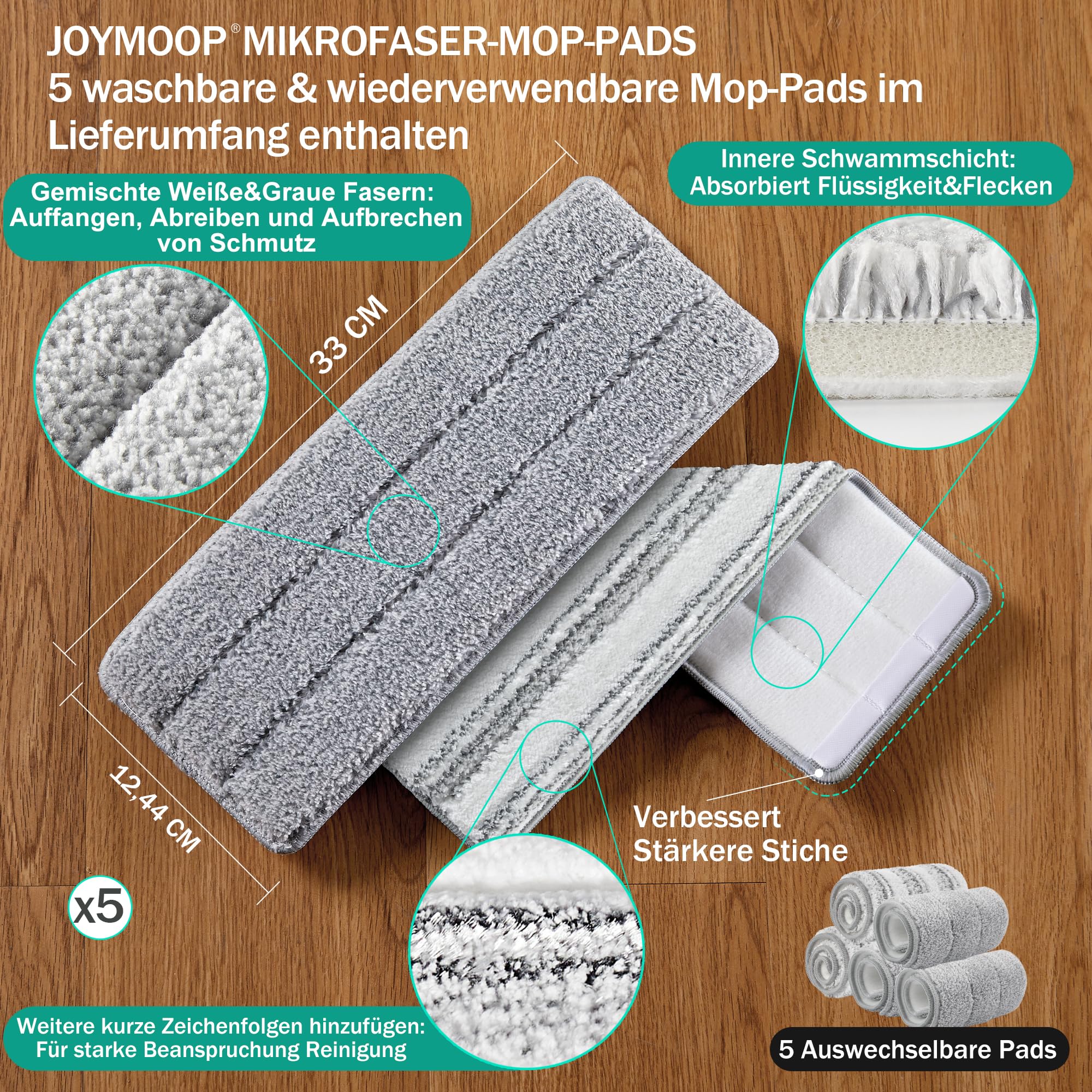 JOYMOOP Mop and Bucket with Wringer Set, Flat Floor Mop and Bucket, Mop for Floor Cleaning with 5 Microfiber Pads, Wet and Dry Use, Household Cleaning Tools, for Hardwood, Laminate, Tile