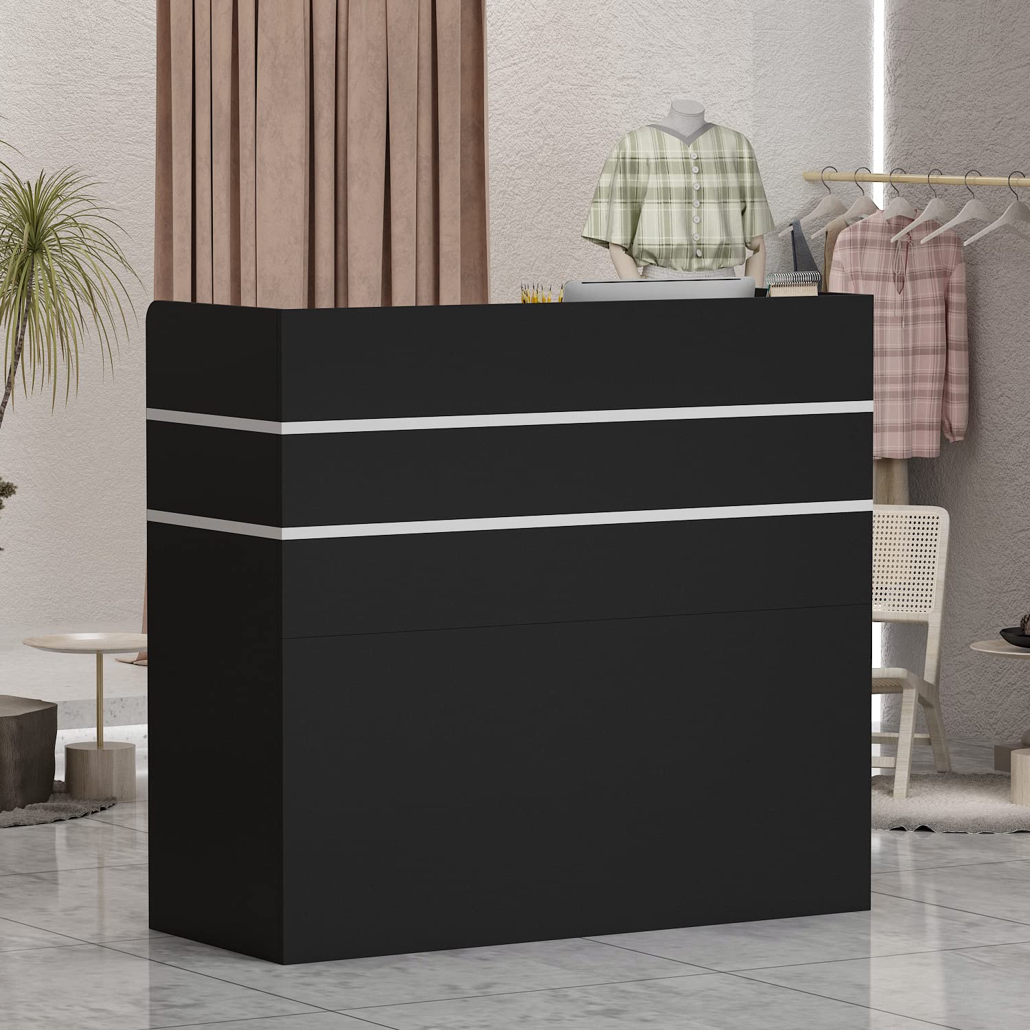 AGOTENI Reception Desk Reception Stations with Open Shelf & Drawers, Wooden Counter Desk with Lockable Drawer for Office Reception Room (Black)
