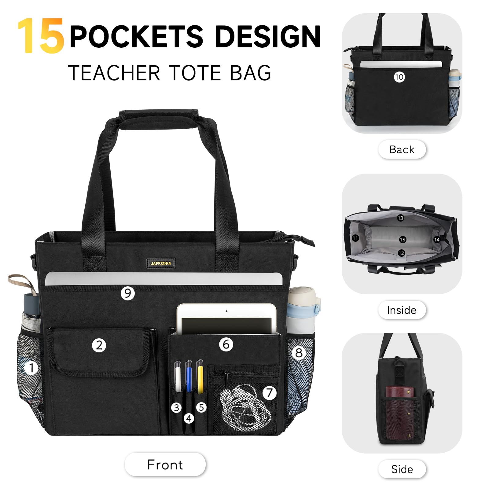 Jaffzora Teacher Tote Bag with Laptop Compartment,Extra Large Utility Work Tote Bag with 15 Pockets for Women,Nurse Bag, Black
