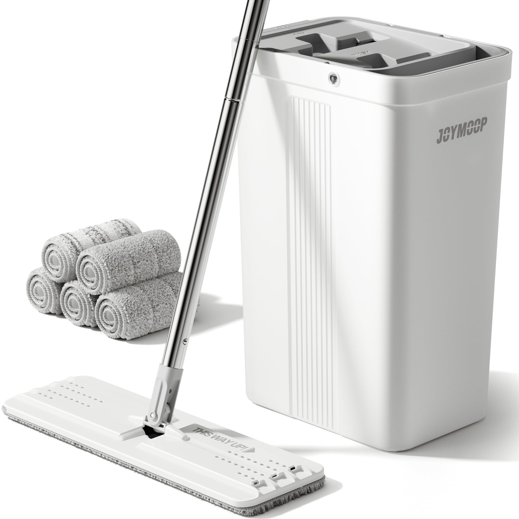 JOYMOOP Mop and Bucket with Wringer Set, Flat Floor Mop and Bucket, Mop for Floor Cleaning with 5 Microfiber Pads, Wet and Dry Use, Household Cleaning Tools, for Hardwood, Laminate, Tile