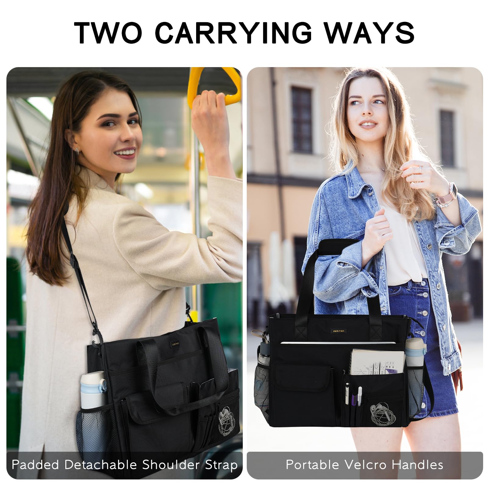 Jaffzora Teacher Tote Bag with Laptop Compartment,Extra Large Utility Work Tote Bag with 15 Pockets for Women,Nurse Bag, Black