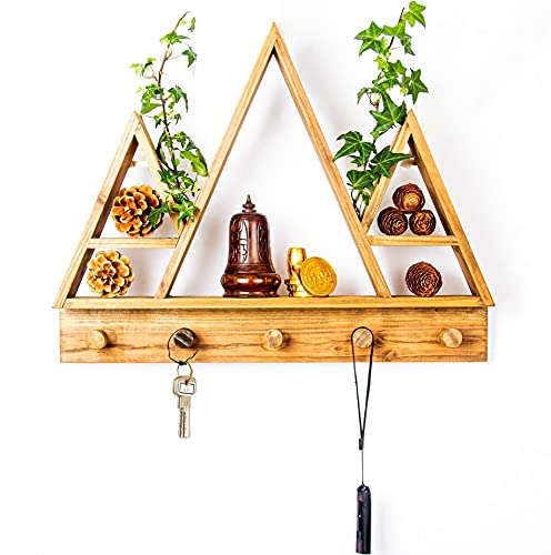 Mountain Shelf with Hooks – Triangle Shelves for Boho Crystal Shelf Display, Essential Oil Holder Organizer, Rustic Wooden Décor for Bedroom, Bathroom, Living Room, Nursery & Entryway