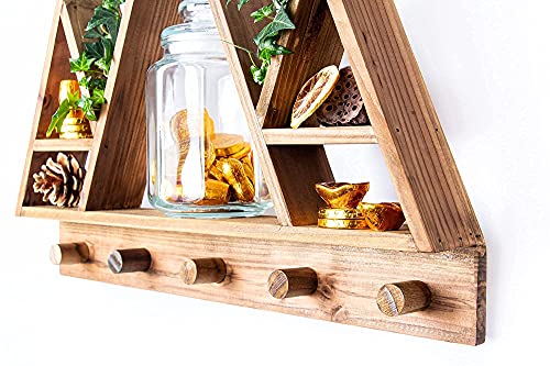 Mountain Shelf with Hooks – Triangle Shelves for Boho Crystal Shelf Display, Essential Oil Holder Organizer, Rustic Wooden Décor for Bedroom, Bathroom, Living Room, Nursery & Entryway