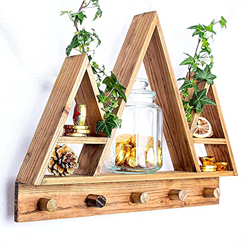 Mountain Shelf with Hooks – Triangle Shelves for Boho Crystal Shelf Display, Essential Oil Holder Organizer, Rustic Wooden Décor for Bedroom, Bathroom, Living Room, Nursery & Entryway