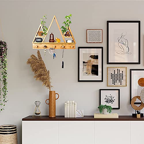 Mountain Shelf with Hooks – Triangle Shelves for Boho Crystal Shelf Display, Essential Oil Holder Organizer, Rustic Wooden Décor for Bedroom, Bathroom, Living Room, Nursery & Entryway