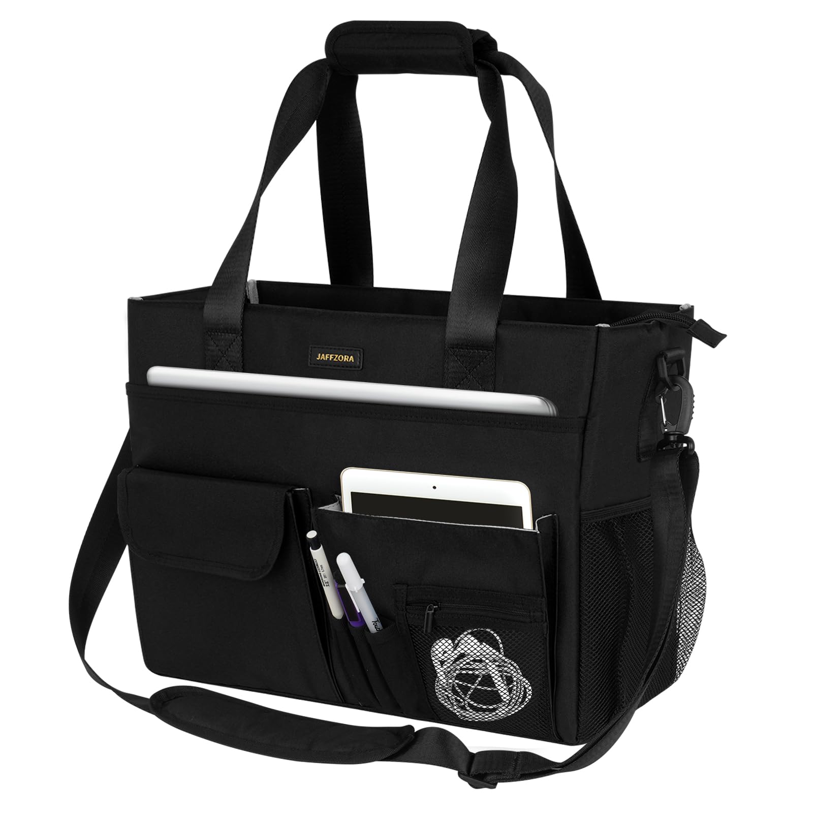 Jaffzora Teacher Tote Bag with Laptop Compartment,Extra Large Utility Work Tote Bag with 15 Pockets for Women,Nurse Bag, Black