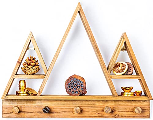 Mountain Shelf with Hooks – Triangle Shelves for Boho Crystal Shelf Display, Essential Oil Holder Organizer, Rustic Wooden Décor for Bedroom, Bathroom, Living Room, Nursery & Entryway