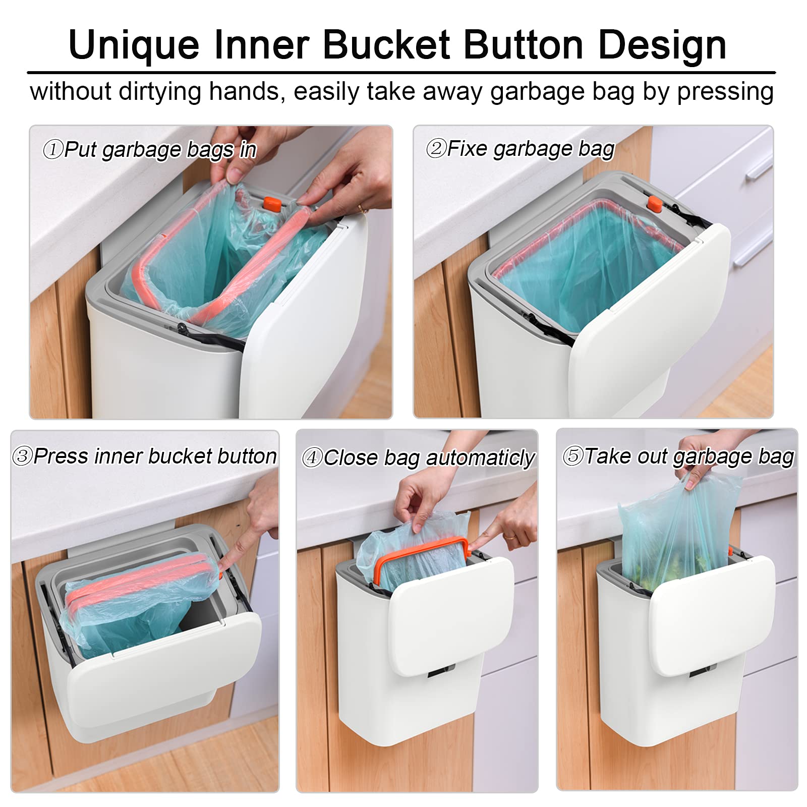 Tiyafuro Upgraded 2.4 Gallon Kitchen Compost Bin with Inner Bucket, Hanging Small Trash Can with Lid for Under Sink, Cupboard, Bathroom, Bedroom, Office, Camping, Mountable Indoor Compost Bucket White