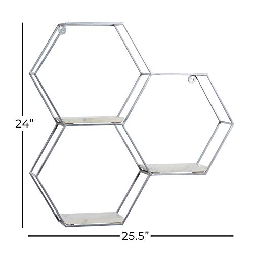 Deco 79 Marble Hexagon 3 Marble Shelves Wall Shelf, 26" x 5" x 24", Silver