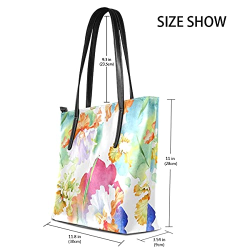 MNSRUU Tote Bag for Women Orange White Iris Flowers Shoulder Bag Big Capacity PU Leather Handbag