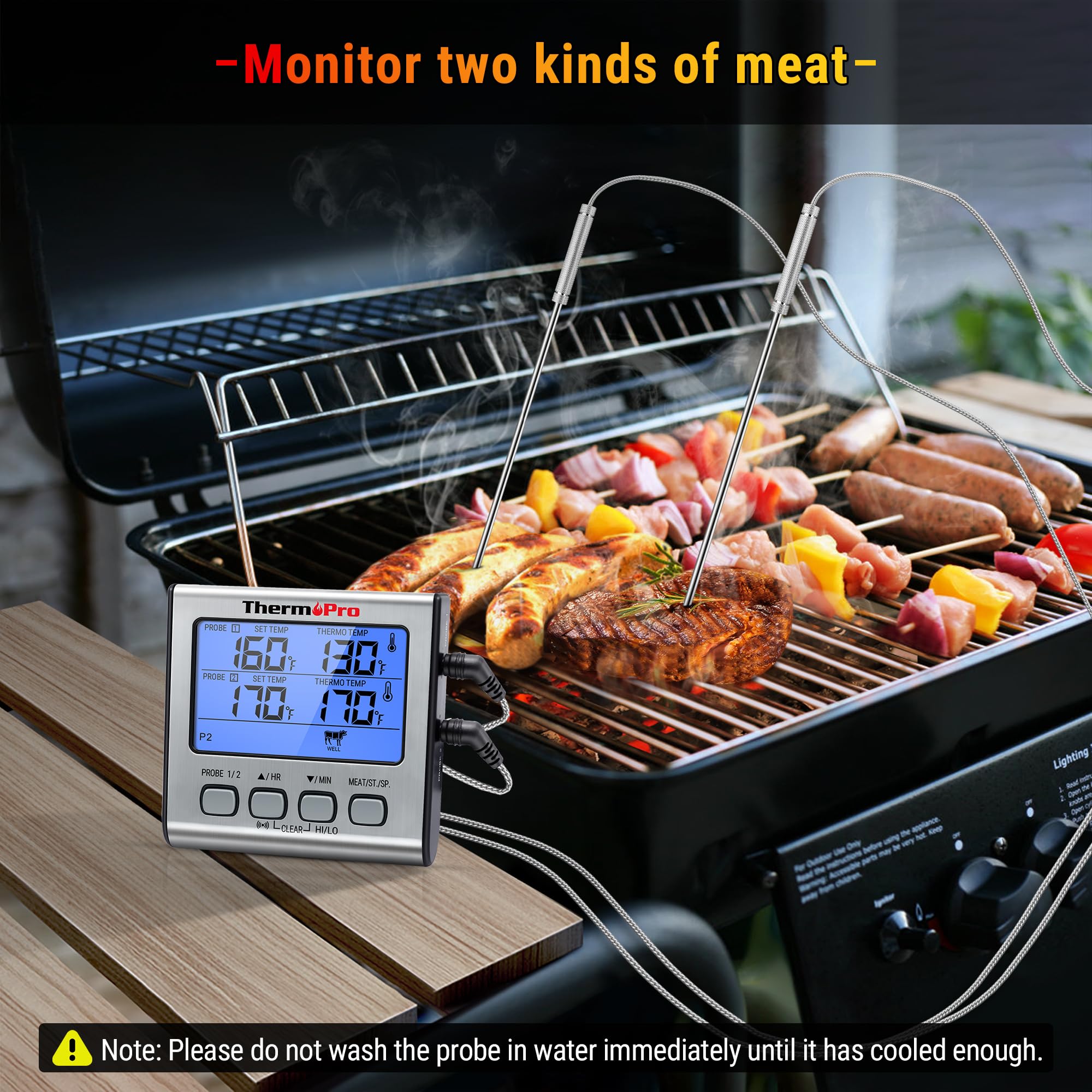 ThermoPro TP-17 Dual Probe Digital Cooking Meat Thermometer Large LCD Backlight Food Grill Thermometer with Timer Mode for Smoker Kitchen Oven BBQ, Silver