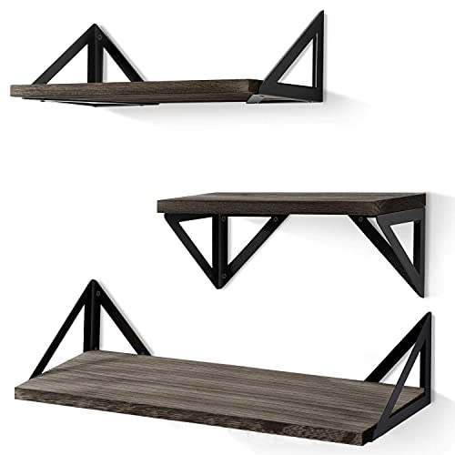 HOME STRANGERS Floating Shelves, Rustic Wood Wall Shelves Wall Mounted Storage Shelves Set of 3 for Bedroom, Bathroom, Living Room, Kitchen (Brown)