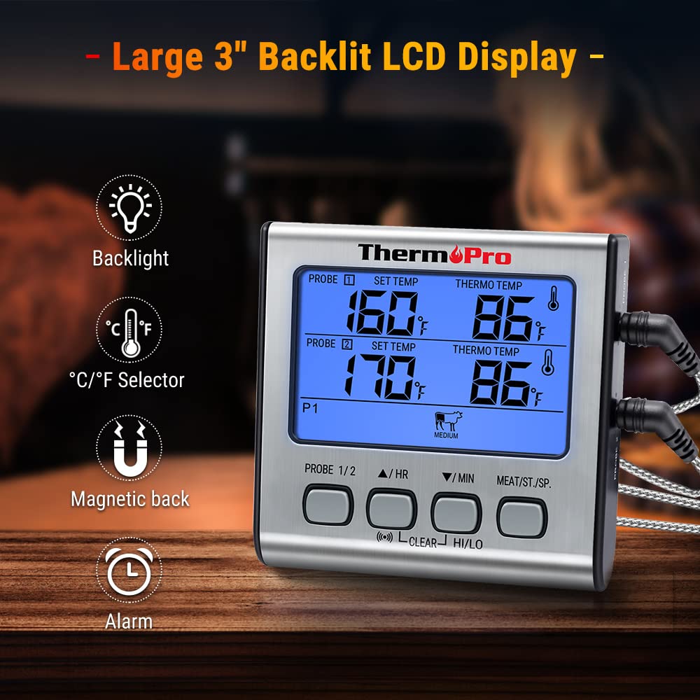 ThermoPro TP-17 Dual Probe Digital Cooking Meat Thermometer Large LCD Backlight Food Grill Thermometer with Timer Mode for Smoker Kitchen Oven BBQ, Silver