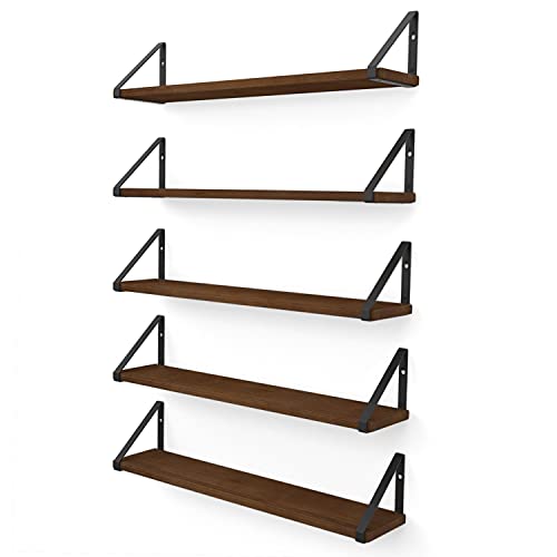 Wallniture Ponza Floating Shelves for Wall, 24" Floating Bookshelf, Wood Wall Shelves for Bedroom Decor, Walnut Set of 5