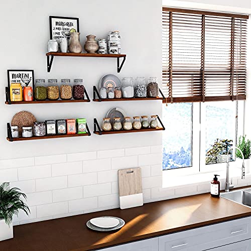 Wallniture Ponza Floating Shelves for Wall, 24" Floating Bookshelf, Wood Wall Shelves for Bedroom Decor, Walnut Set of 5