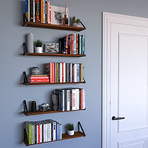 Wallniture Ponza Floating Shelves for Wall, 24" Floating Bookshelf, Wood Wall Shelves for Bedroom Decor, Walnut Set of 5