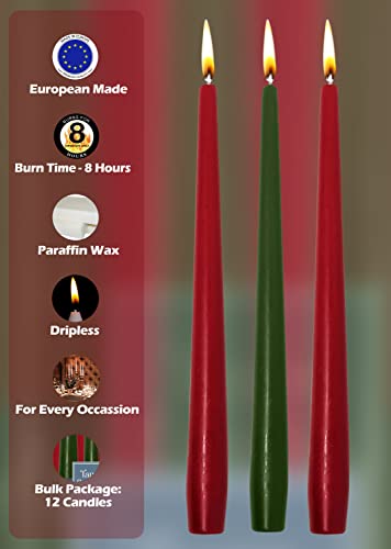 Hyoola Christmas Candles - Green and Red Taper Candles 10 Inch Dripless, 12 Pack Unscented Holiday Candles - European Made