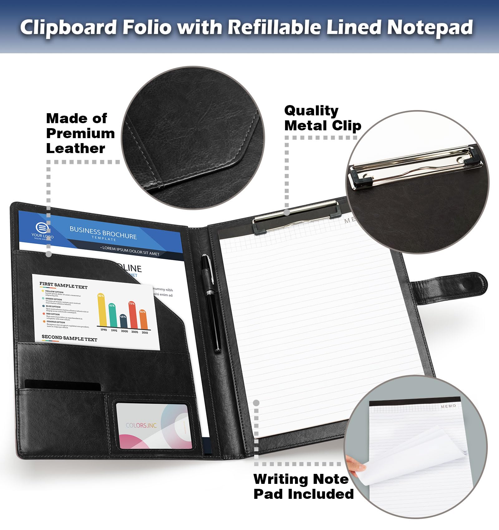 Clipboard Folder Padfolio, Business/Resume Portfolio Folder, Leather Padfolio Clipboard with Refillable Lined Notepad, Interview/Conference Document Portfolio Organizer for Women/Men, Black