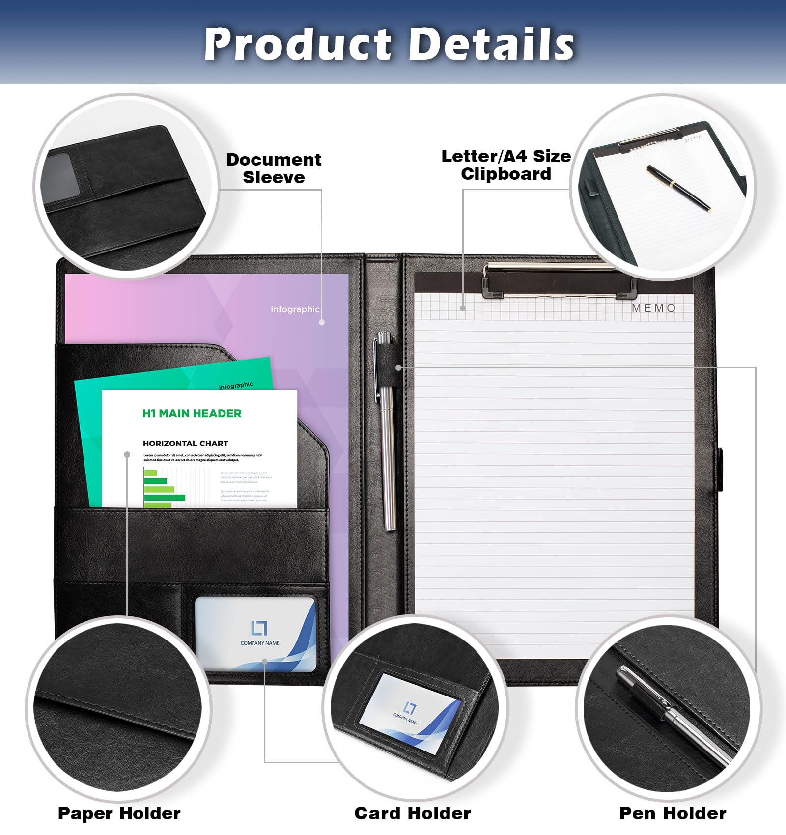 Clipboard Folder Padfolio, Business/Resume Portfolio Folder, Leather Padfolio Clipboard with Refillable Lined Notepad, Interview/Conference Document Portfolio Organizer for Women/Men, Black