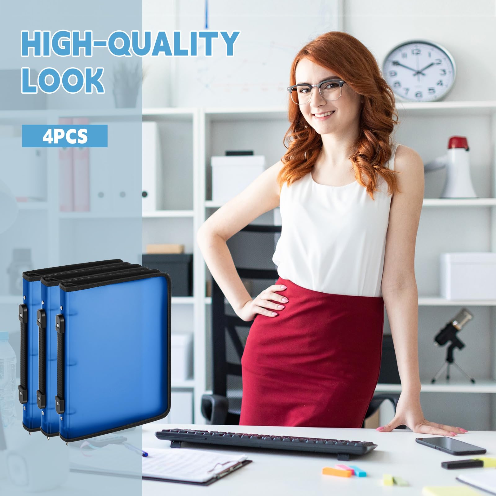 Teling 4 Pcs 1 Inch Blue Zipper Binder with 3 Ring Zipper Binder, Refillable Plastic Clear File Organizer Planner for Projects, Assignments, Memos, School Work, 13.2 x 10 Inch